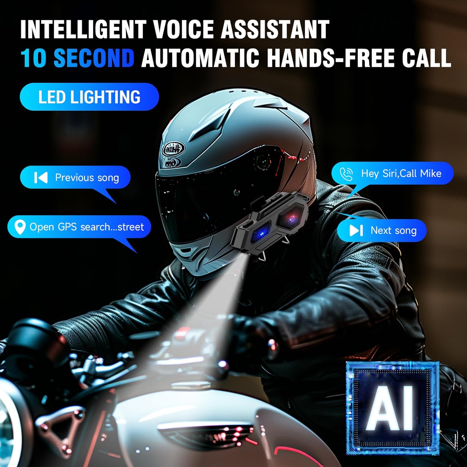 EDYELL C8 Motorcycle Bluetooth Headsets, LED Emergency Light, HD ...